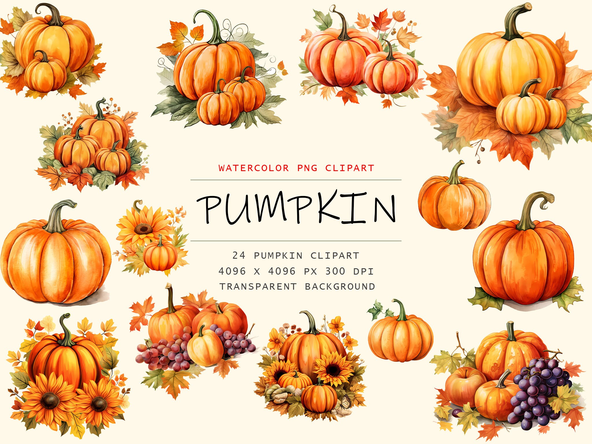 Watercolor Pumpkin Clipart - Autumn Watercolor in PNG Format Instant ...