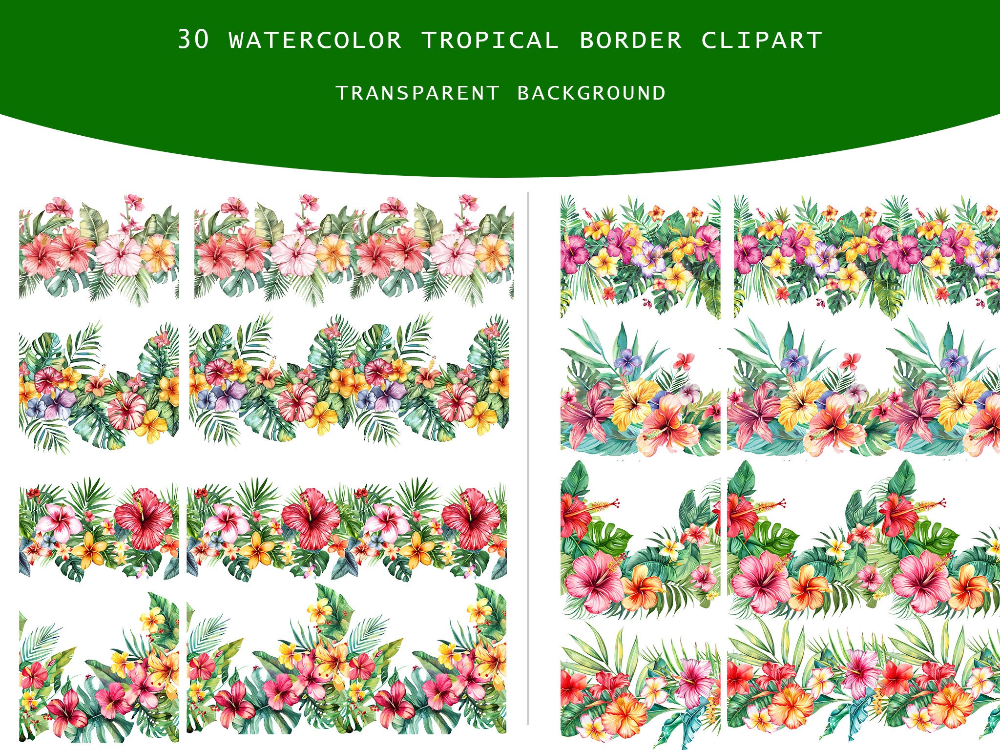 Watercolor Tropical Flowers Borders Clipart, 30 PNG Tropical Flowers ...