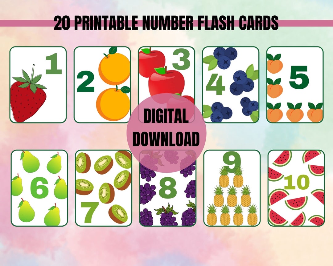 Printable Number Flash Cards, 1-20 Fruit and Veggie Counting Cards for ...