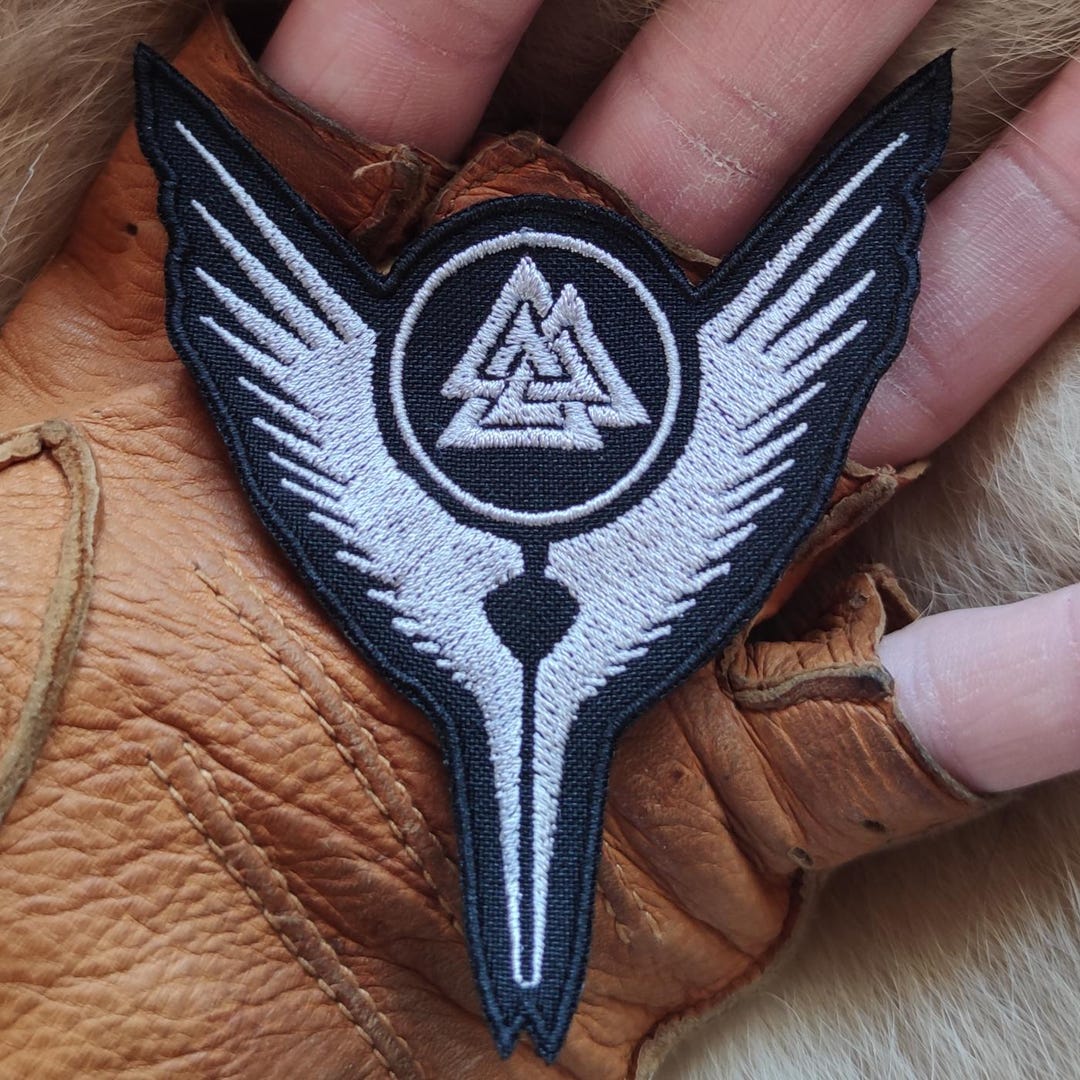 Valkyrie Wings With Valknut Embroidery Silver on Black Iron On, Norse Knot Pagan Patch, Viking ...