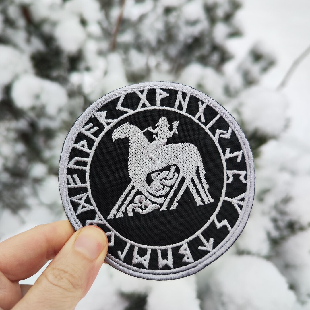 Sleipnir Embroidered Patch, Silver Thread on Black Fabric, Norse ...