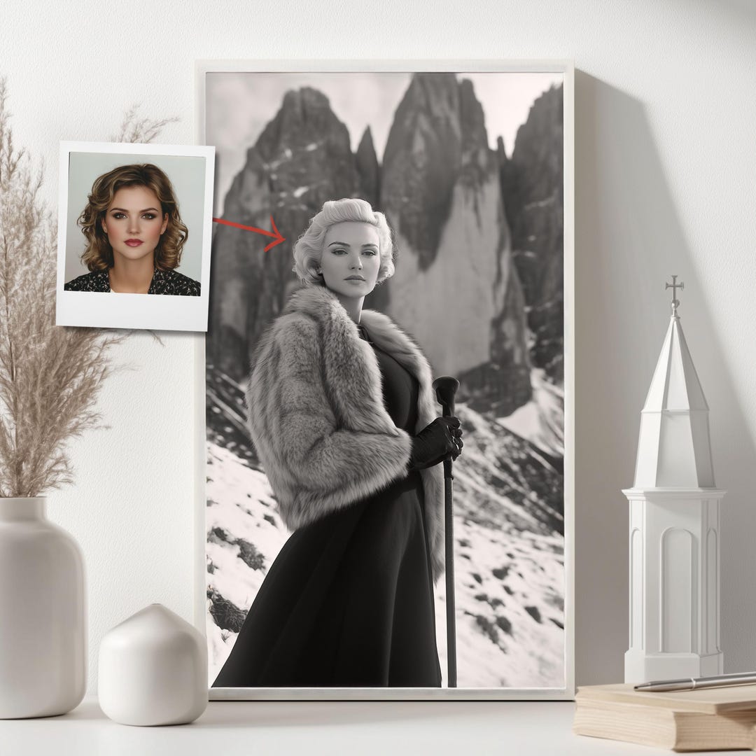 Custom Vintage-inspired Ski Portrait, 1930s Alpine Woman, Personalized ...