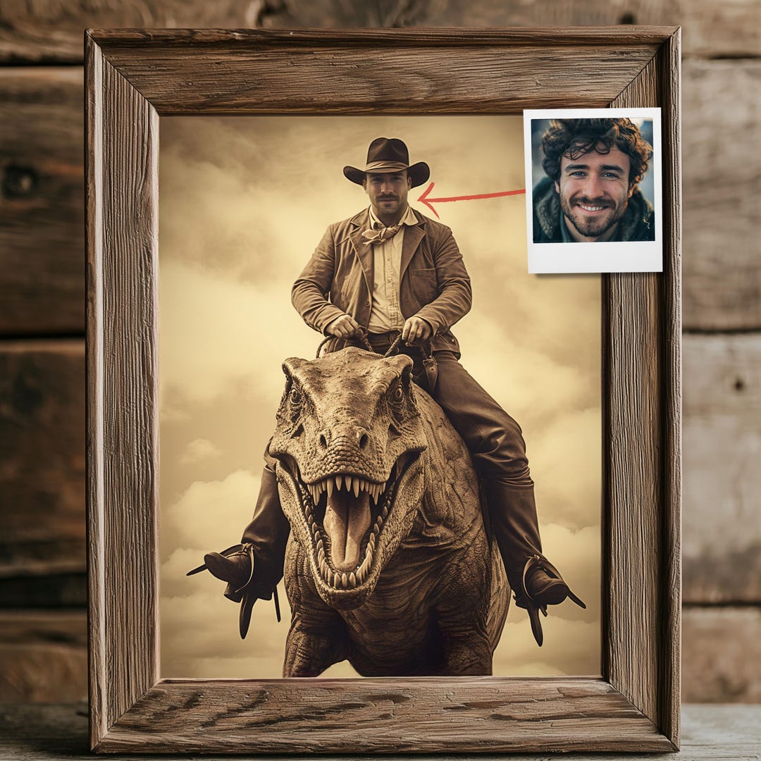 Personalized Cowboy Riding Dinosaur Portrait From Photo, Unique Vintage ...