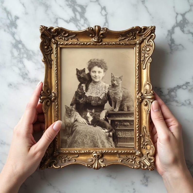 Vintage Cat Lady Art Print Victorian Woman With Cats Wall Decor Surreal ...