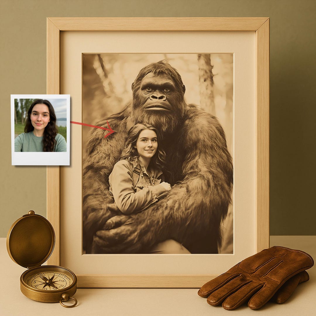 Custom Vintage Explorer Portrait With Sasquatch, Personalized 19th ...