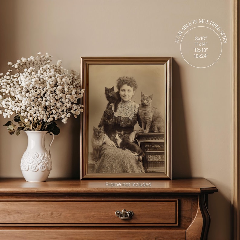 Vintage Cat Lady Art Print Victorian Woman With Cats Wall Decor Surreal ...