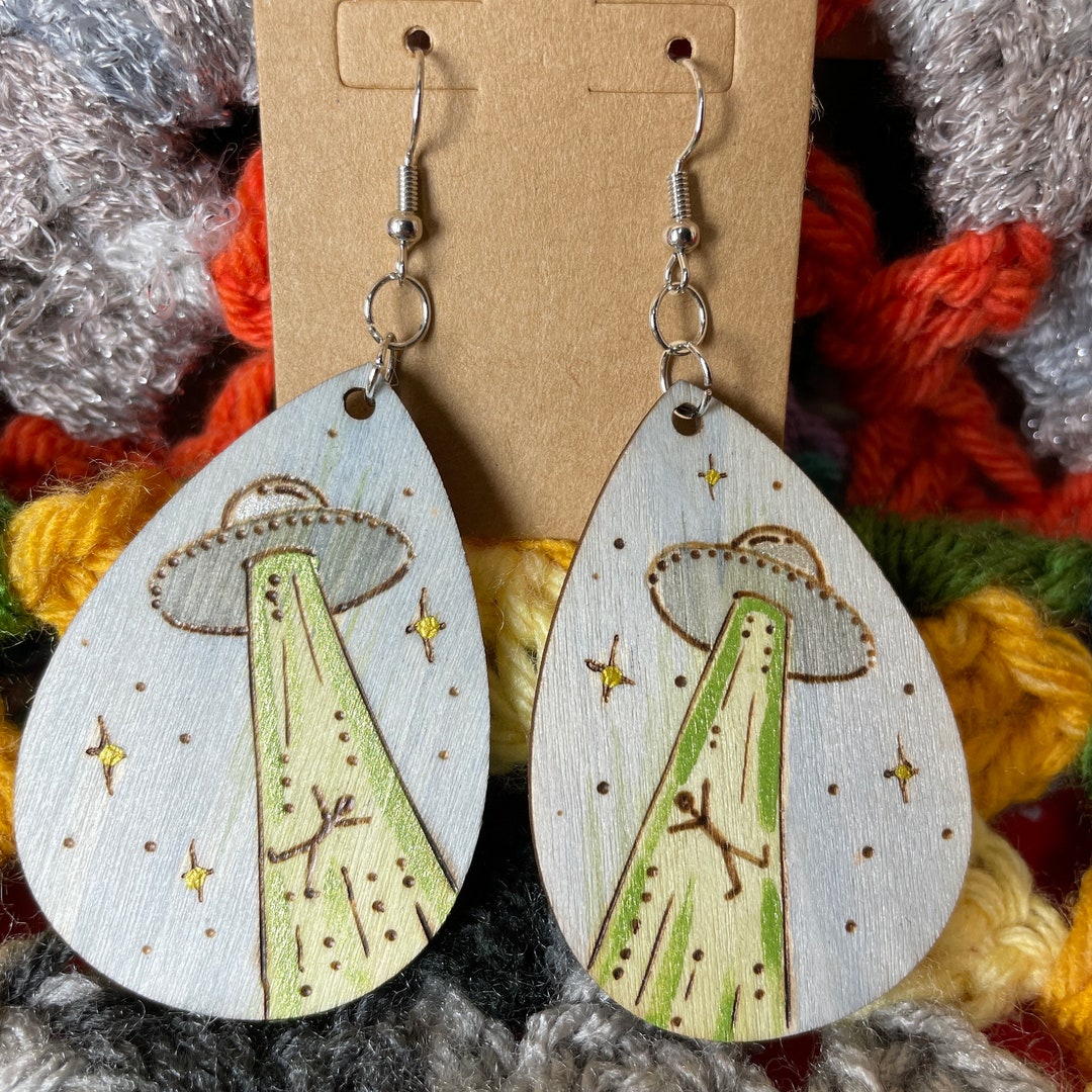 UFO Alien Abduction Woodburned Artisan Earrings - Etsy