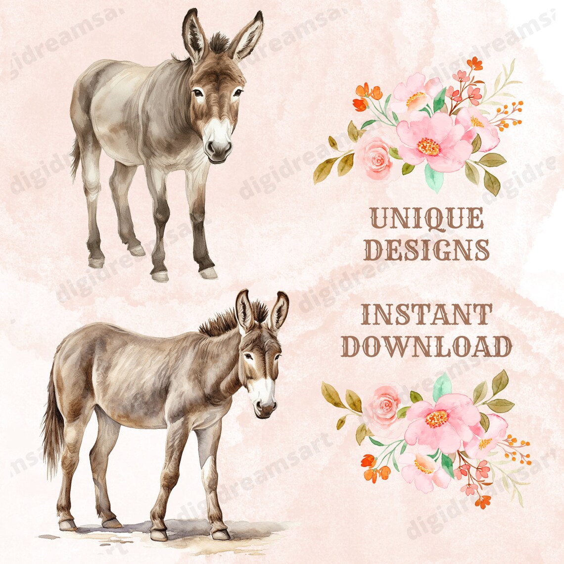 Farm Donkey Clipart Bundle Transparent PNG Collection, Digital Prints ...