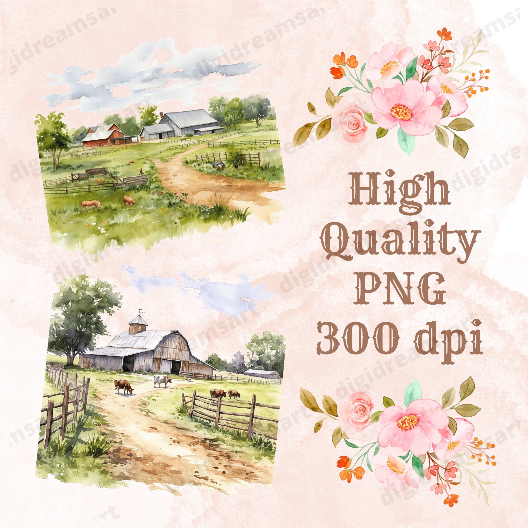 Farm Landscape Clipart Bundle Transparent PNG Collection, Watercolor ...