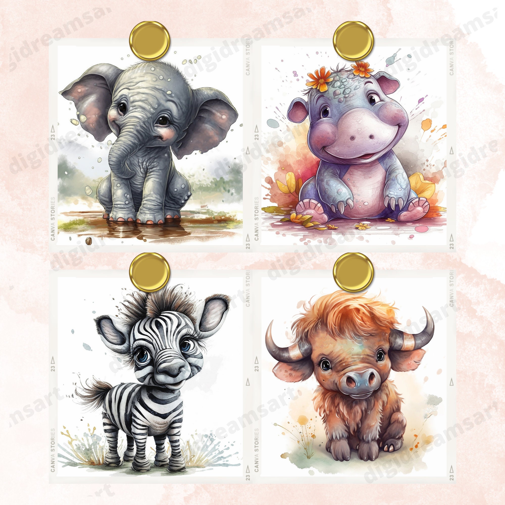 Safari Baby Animal Design Bundle: Clipart, Digital Prints, and T-shirt ...