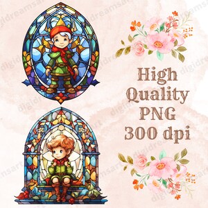 Christmas Elf Stained Glass Design Bundle PNG Transparent Clipart ...