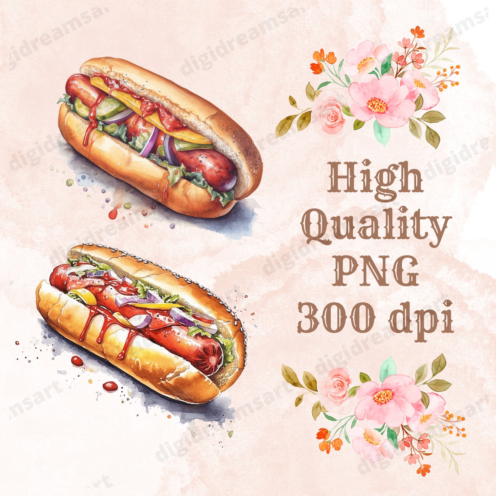 Hot Dog Design Bundle PNG Transparent Clipart Collection, Watercolor ...