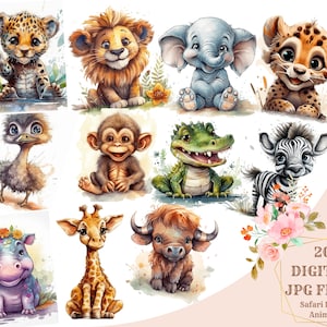 Safari Baby Animal Design Bundle: Clipart, Digital Prints, and T-shirt ...