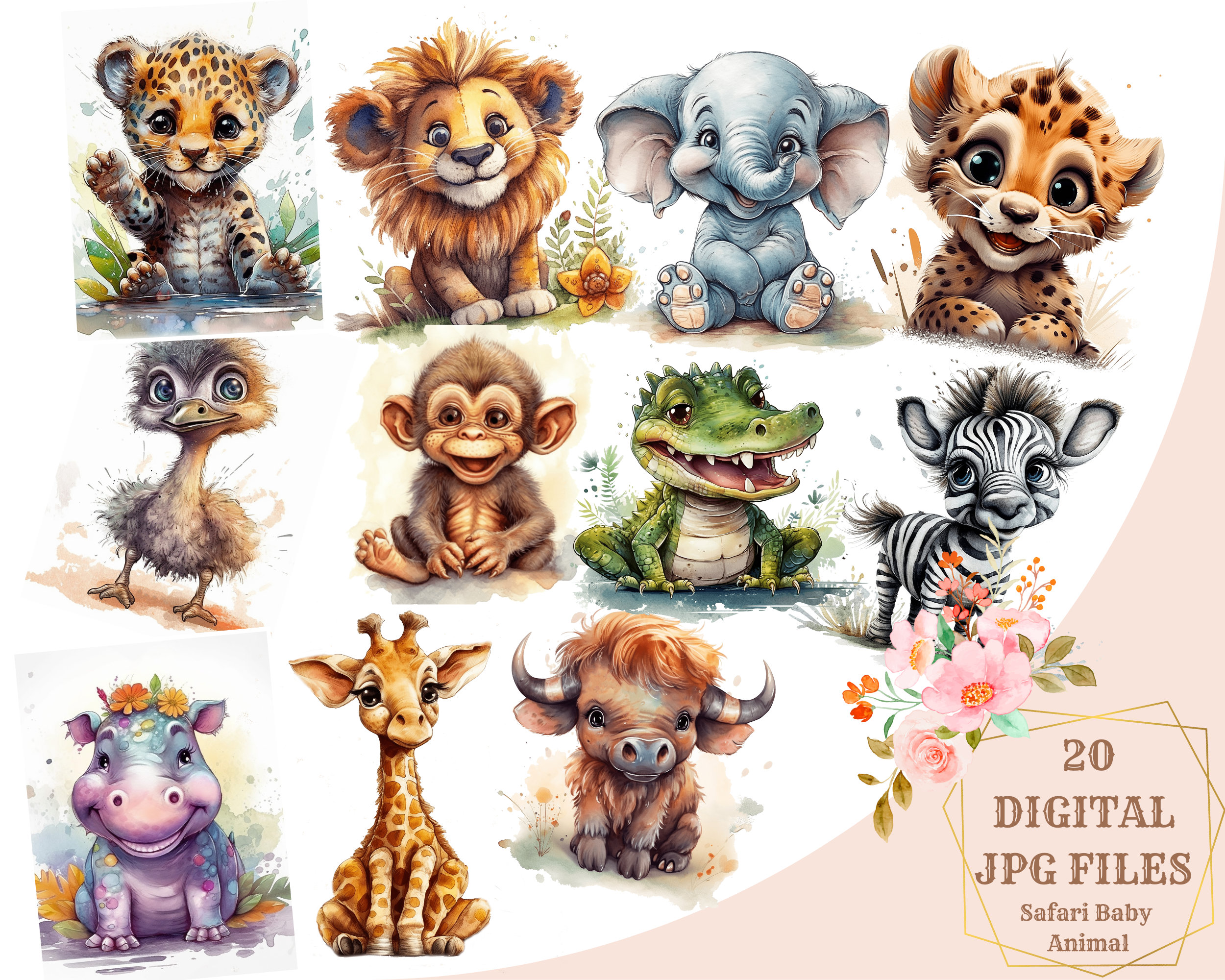 Safari Baby Animal Design Bundle: Clipart, Digital Prints, and T-shirt ...
