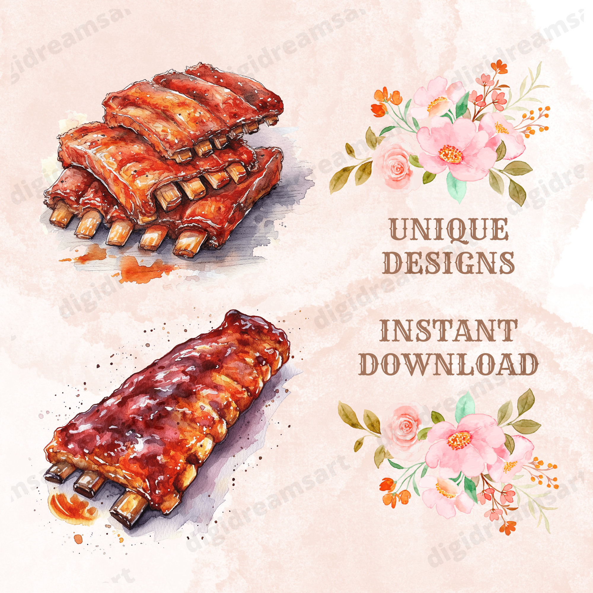 BBQ Ribs Clipart Bundle Transparent PNG Collection, Watercolor Graphics ...