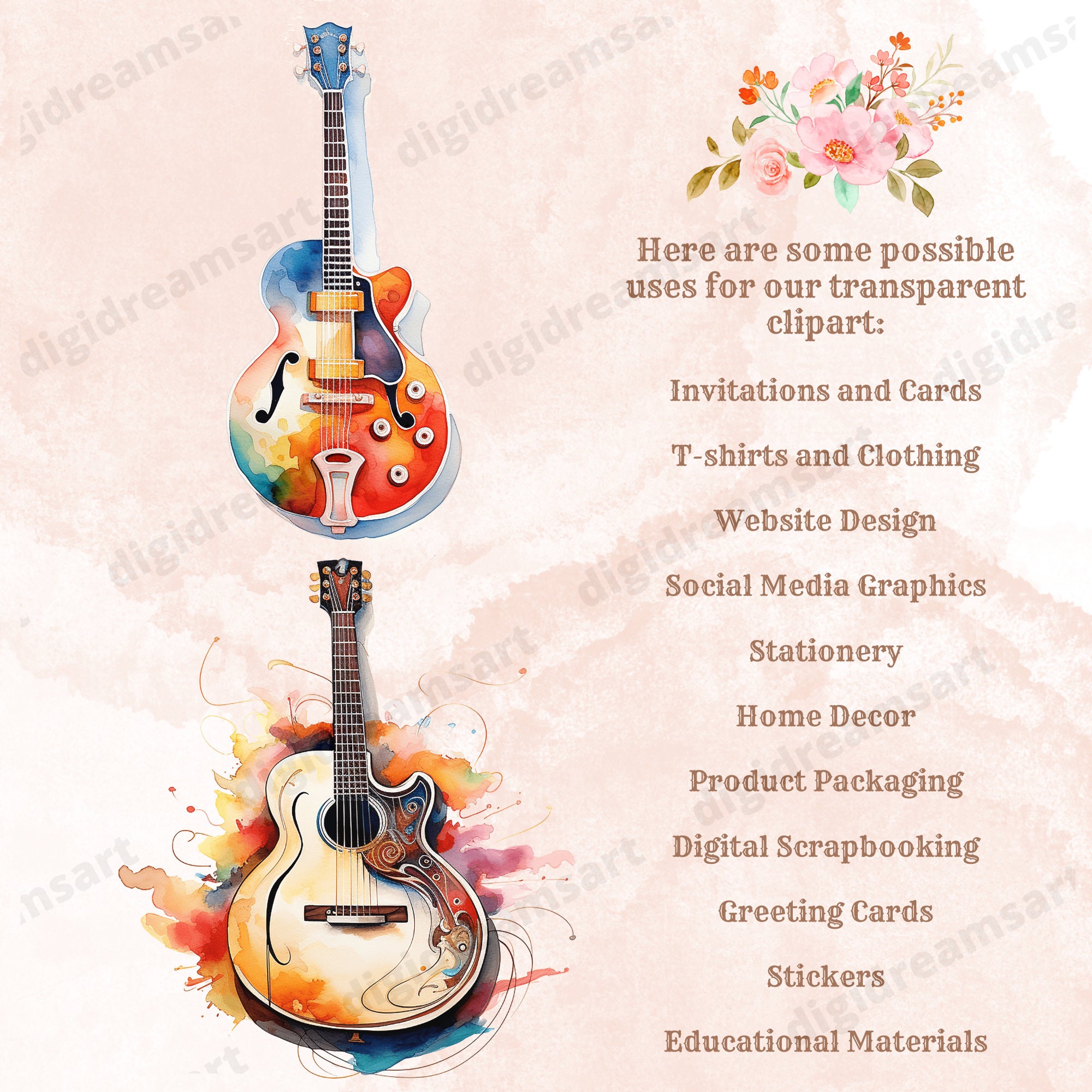 Guitar Design Bundle PNG Transparent Clipart Collection, Watercolor ...