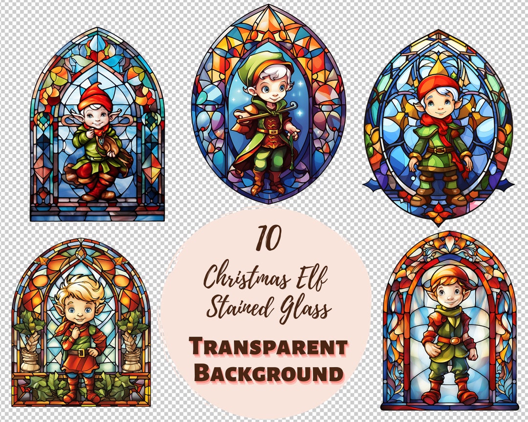Christmas Elf Stained Glass Design Bundle PNG Transparent Clipart ...