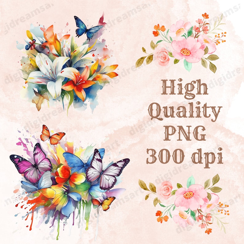 Butterflies on Lily Flowers Clipart Bundle Transparent PNG - Etsy