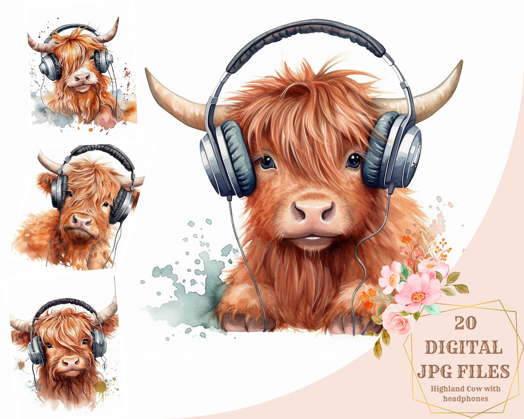 Highland Cow With Headphones Design Bundle: Clipart, Digital Prints ...