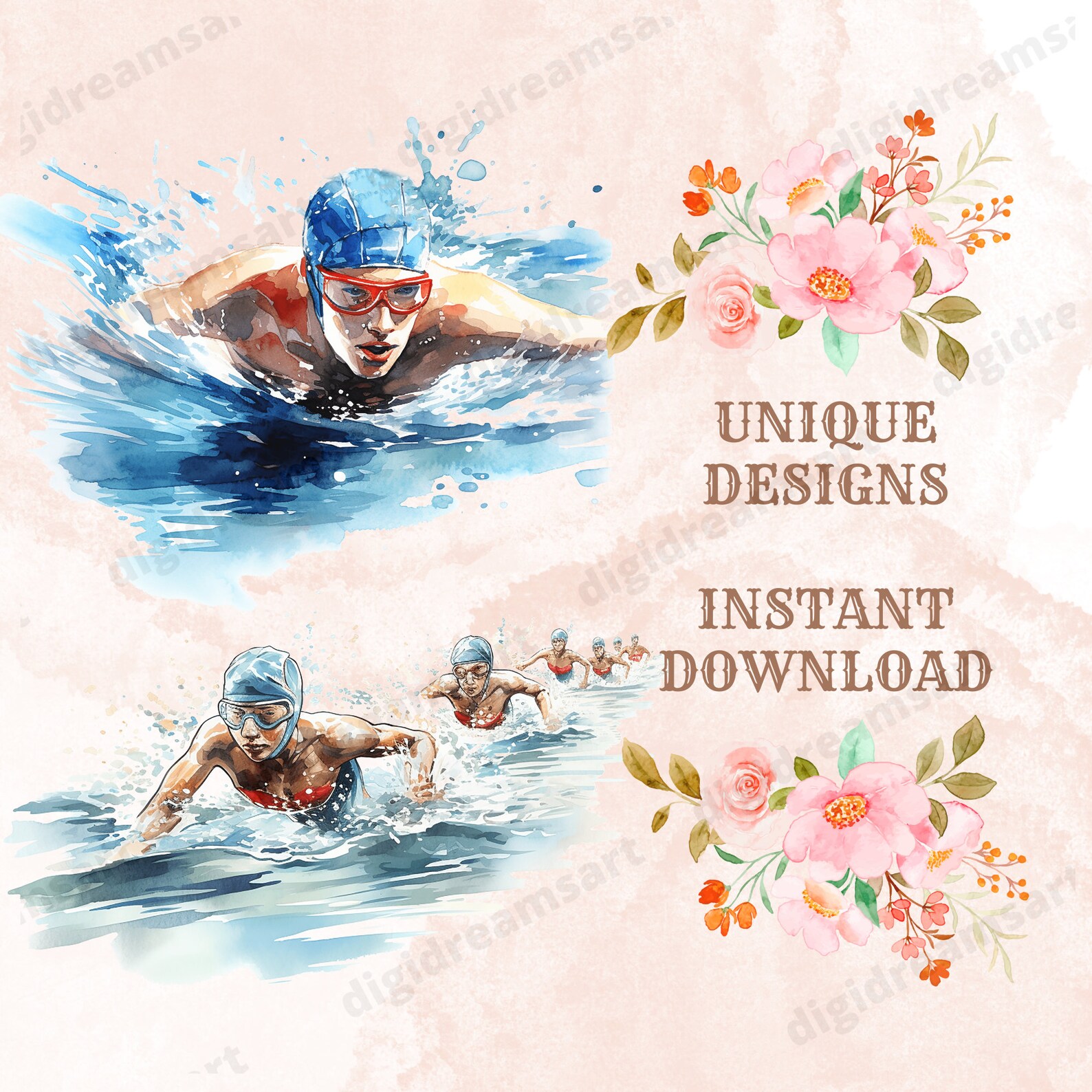 Swimming Clipart Bundle - Transparent PNG Collection, Digital Prints ...