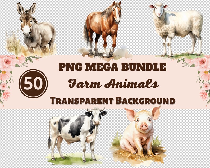 Farm Animals Mega Bundle 50 PNG Clipart Images Transparent - Etsy