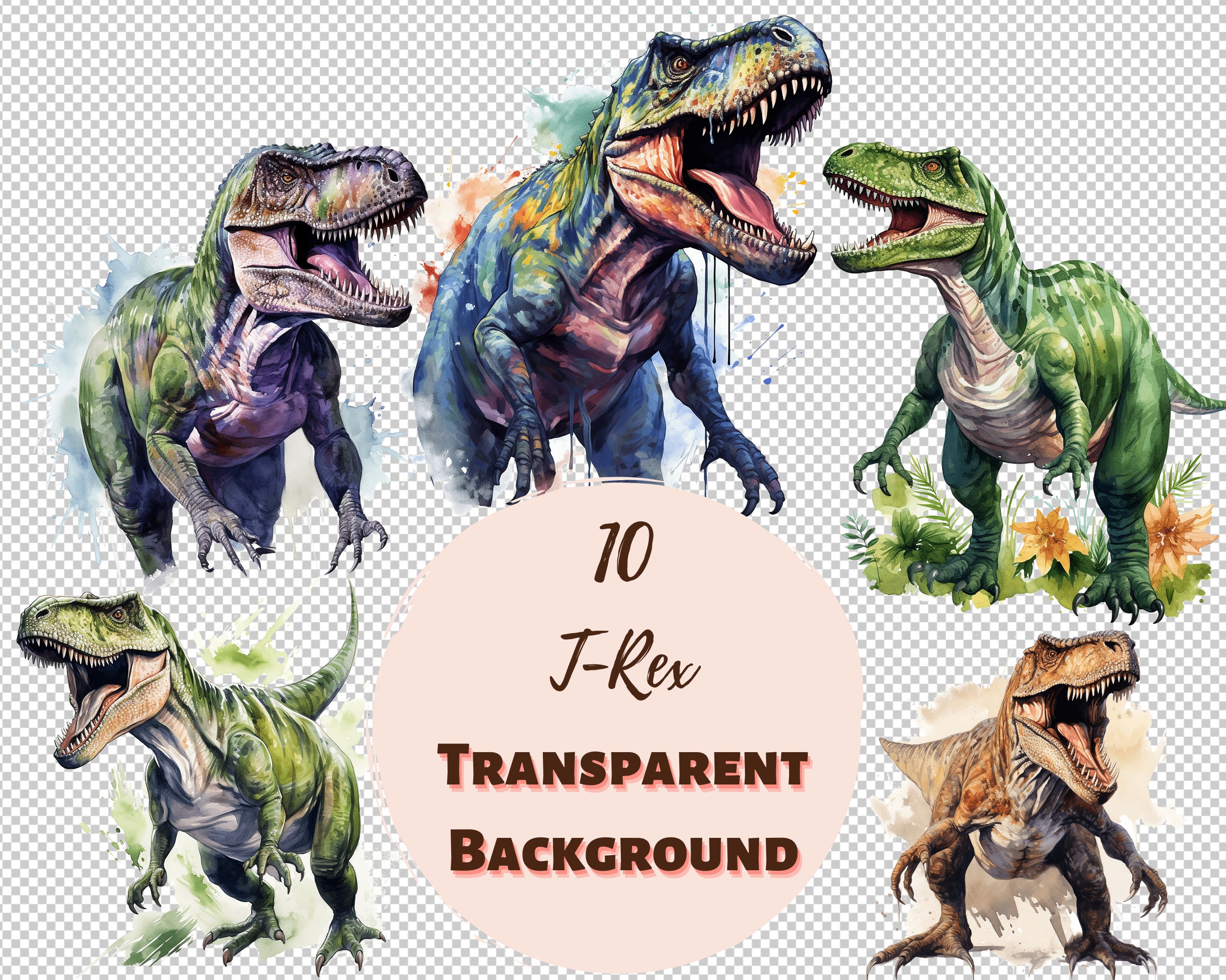 T-rex, Clipart Bundle Transparent PNG Collection, Digital Prints ...