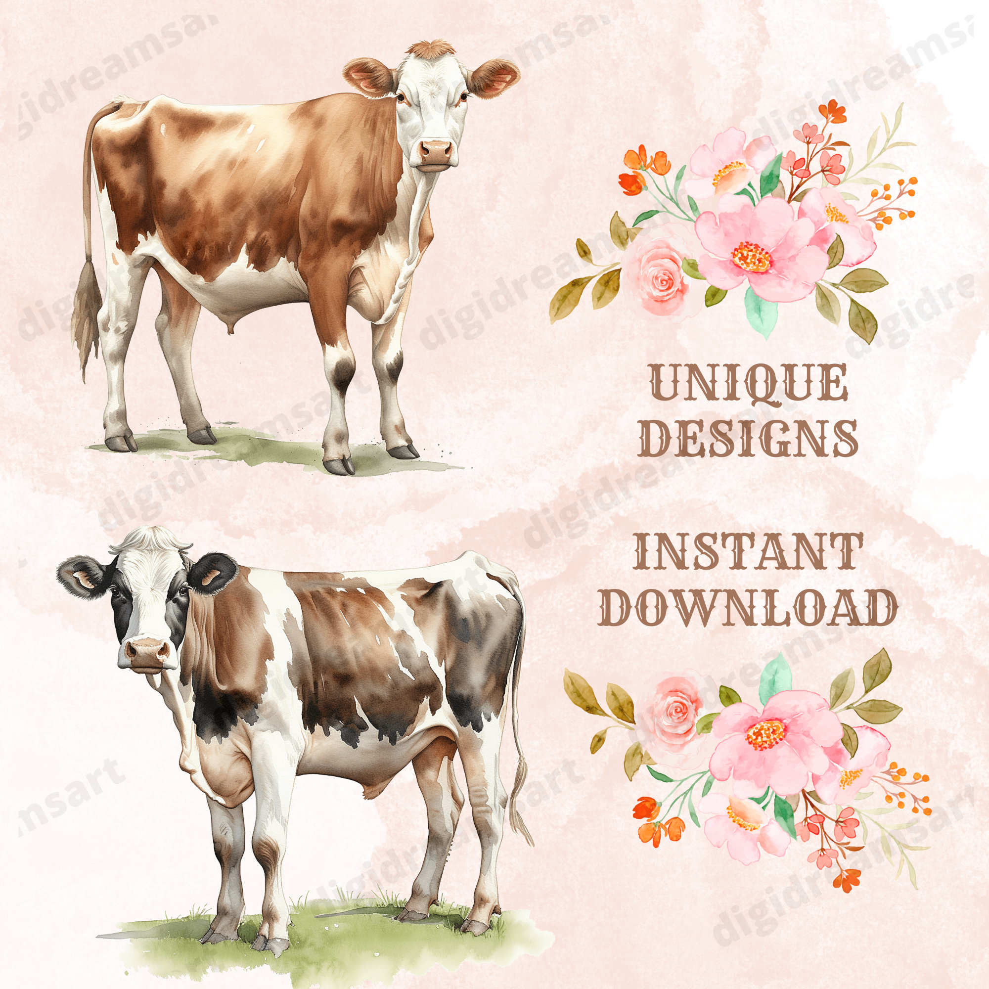 Farm Cow Clipart Bundle Transparent PNG Collection, Digital Prints ...