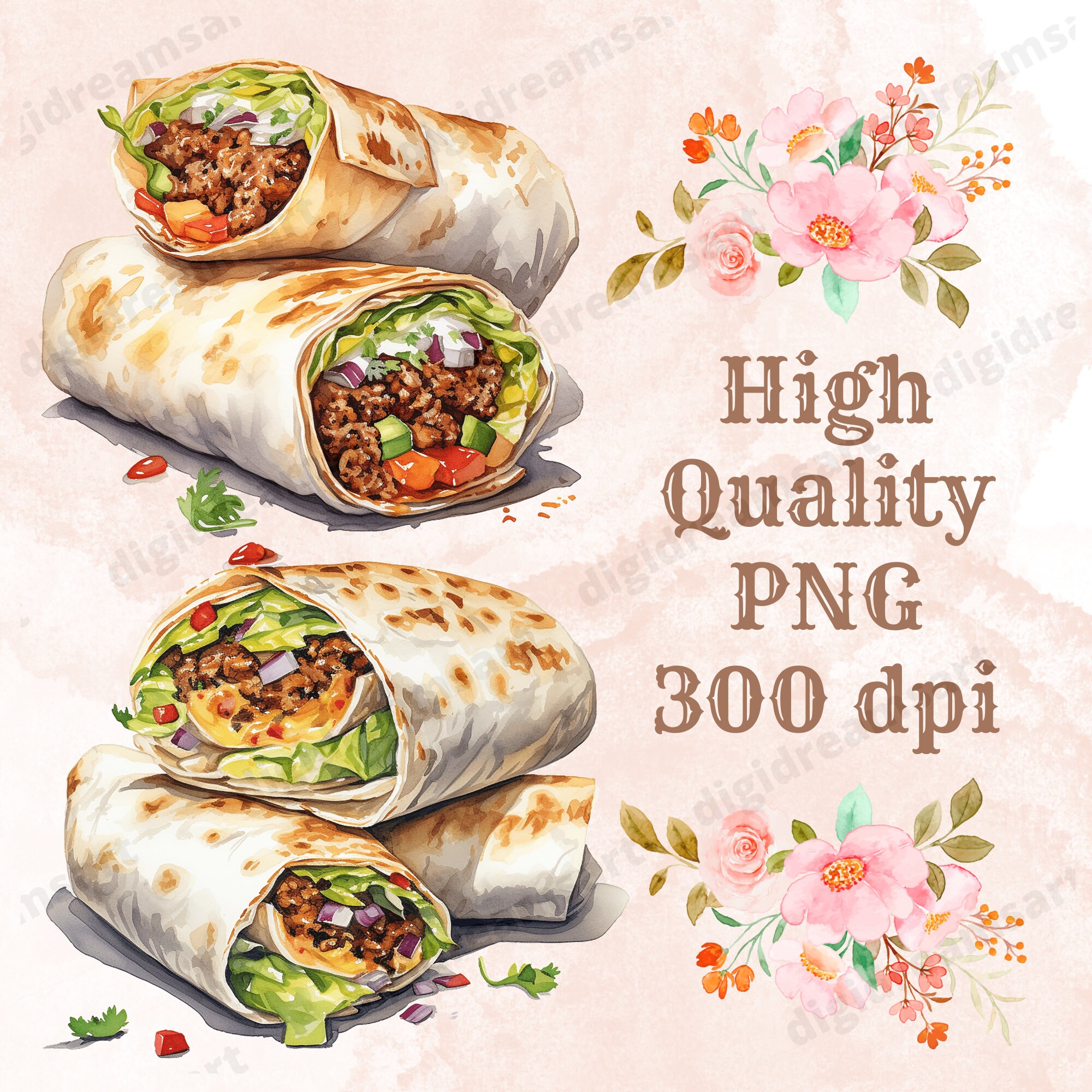 Burritos Design Bundle - PNG Transparent Clipart Collection, Watercolor ...