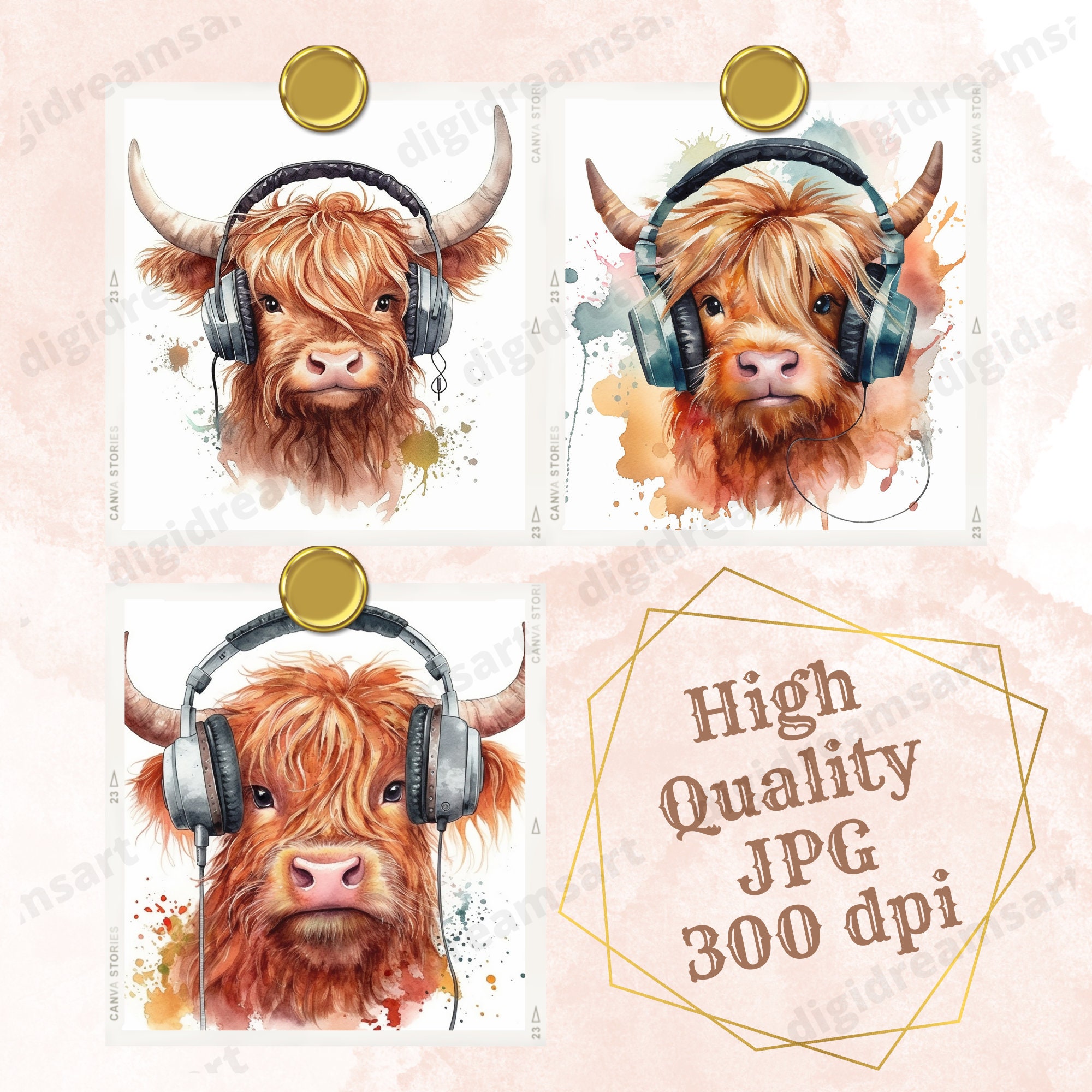 Highland Cow With Headphones Design Bundle: Clipart Digital - Etsy