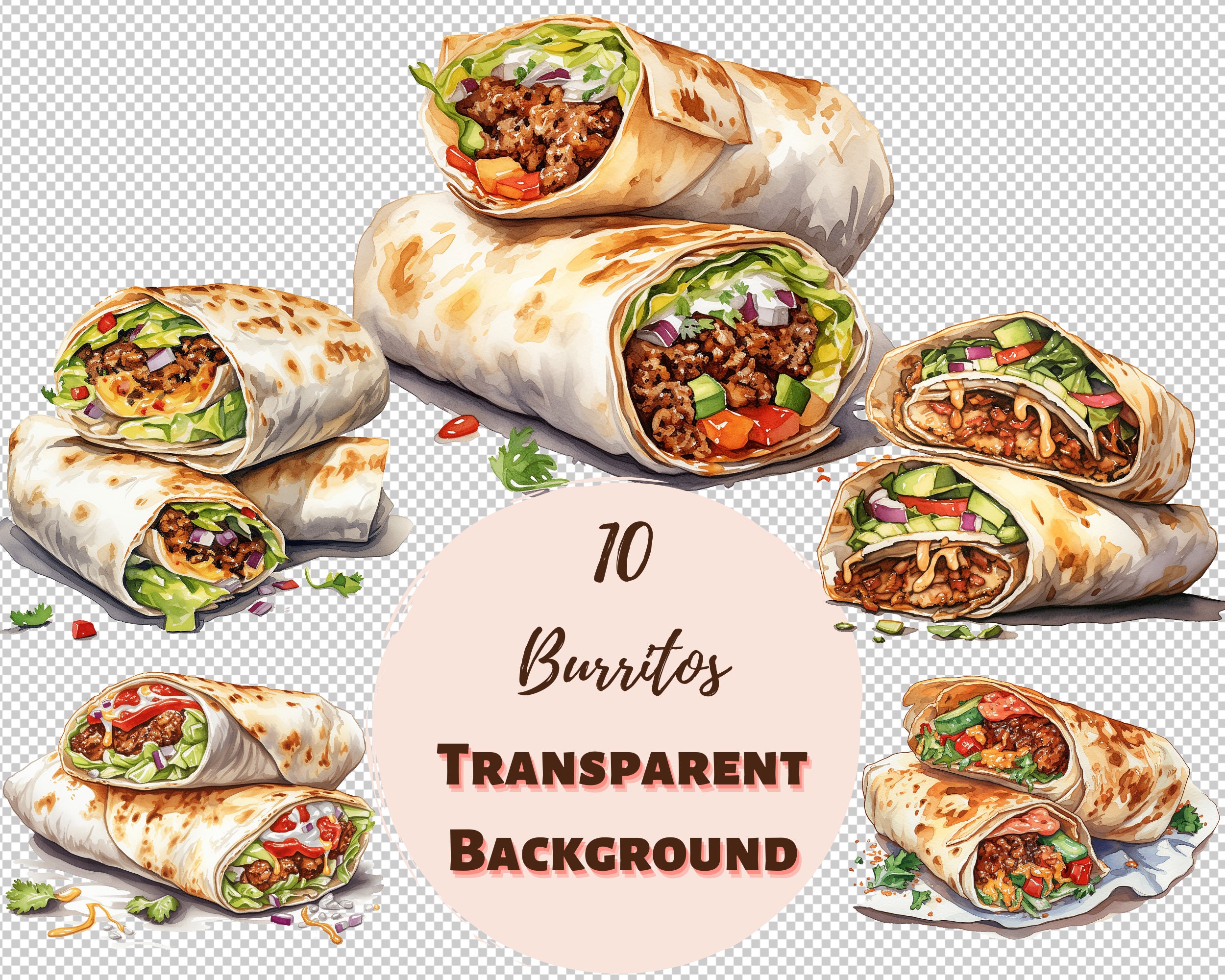 Burritos Design Bundle - PNG Transparent Clipart Collection, Watercolor ...