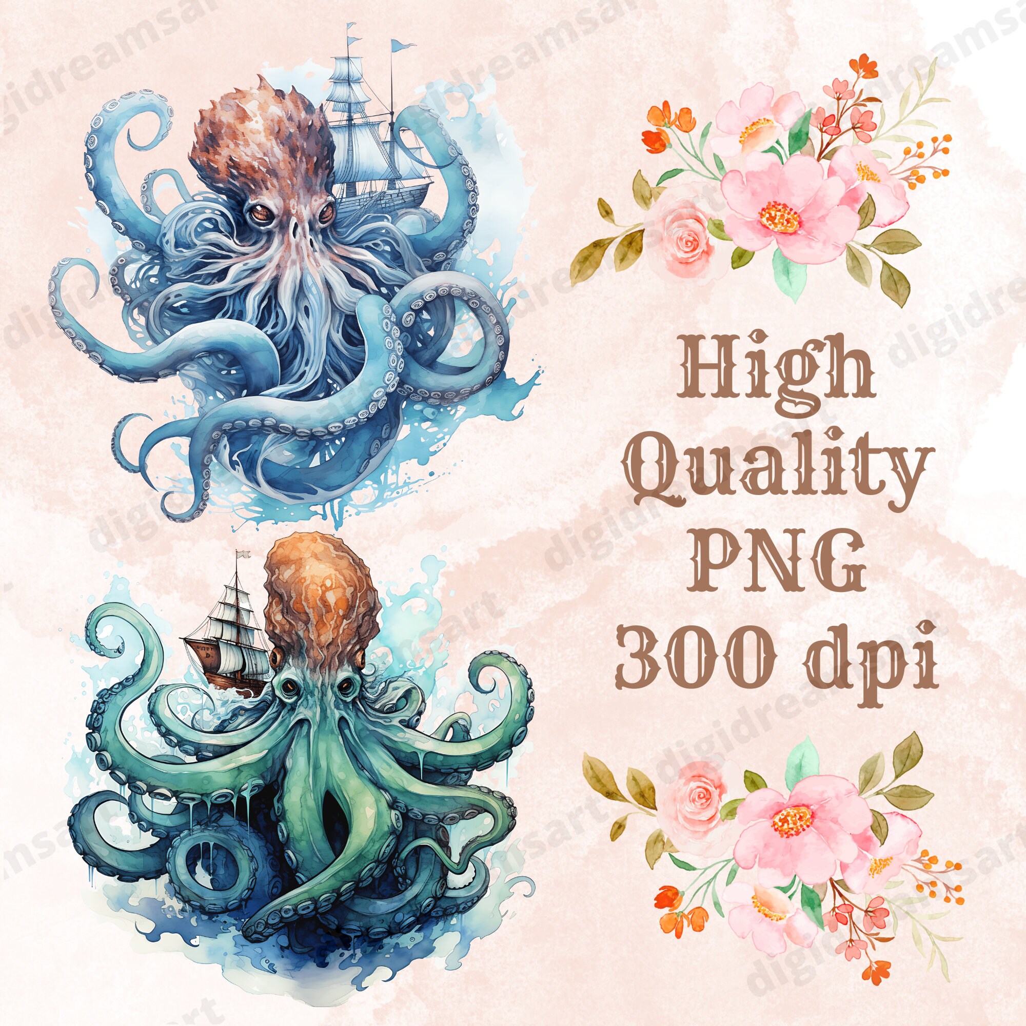 Kraken Design Bundle PNG Transparent Clipart Collection, Watercolor ...