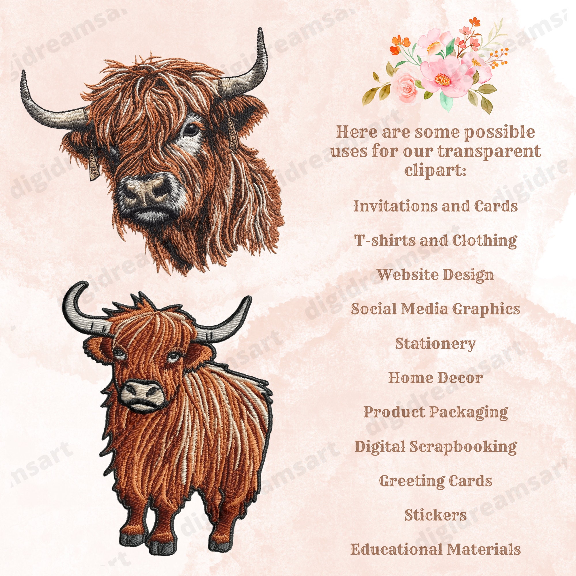 Highland Cow Embroidered Effect Clipart Bundle Transparent - Etsy