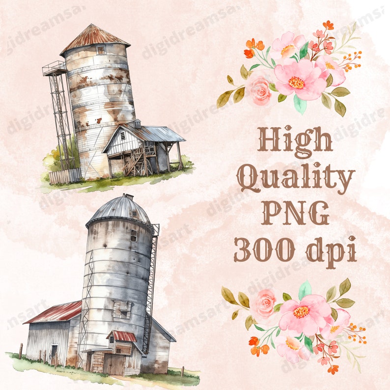 Farm Silo Clipart Bundle - Transparent PNG Collection, Watercolor ...