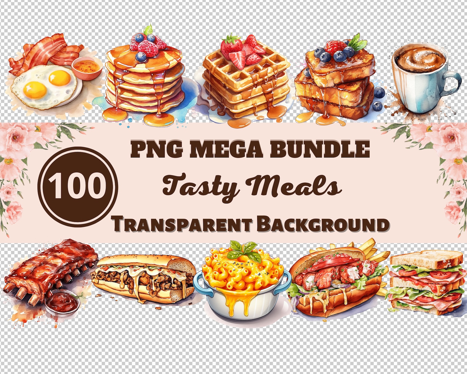 Tasty Meals PNG Clipart Bundle, Transparent Food Illustrations (digital ...