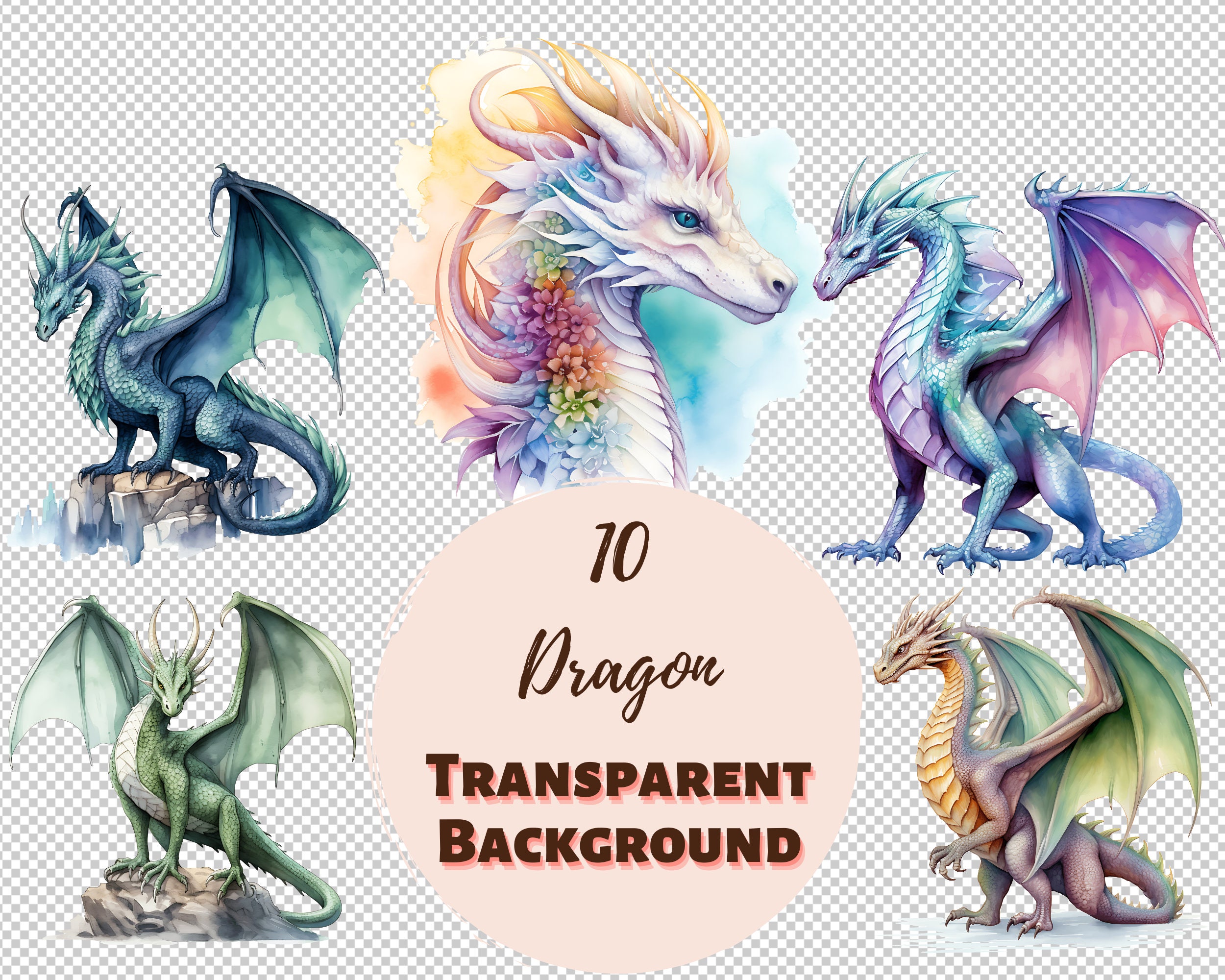 Dragon Design Bundle - PNG Transparent Clipart Collection, Watercolor ...