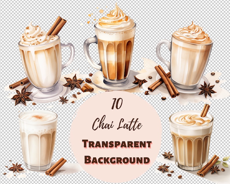 Chai Latte Design Bundle PNG Transparent Clipart Collection, Watercolor ...