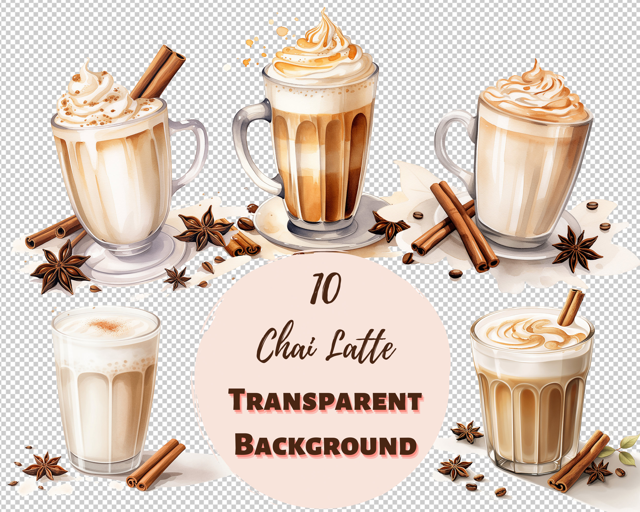 Chai Latte Design Bundle PNG Transparent Clipart Collection, Watercolor ...