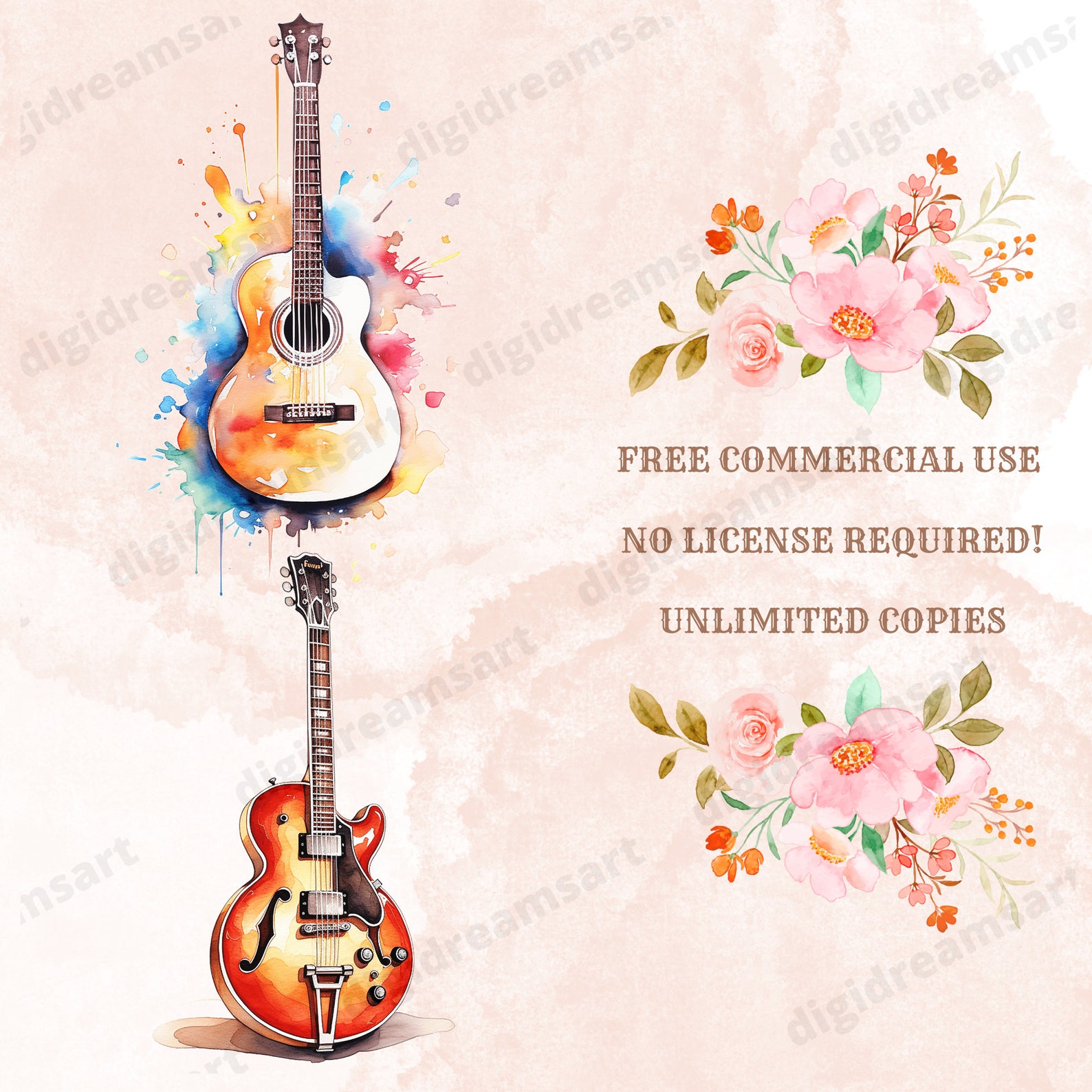 Guitar Design Bundle - PNG Transparent Clipart Collection, Watercolor ...
