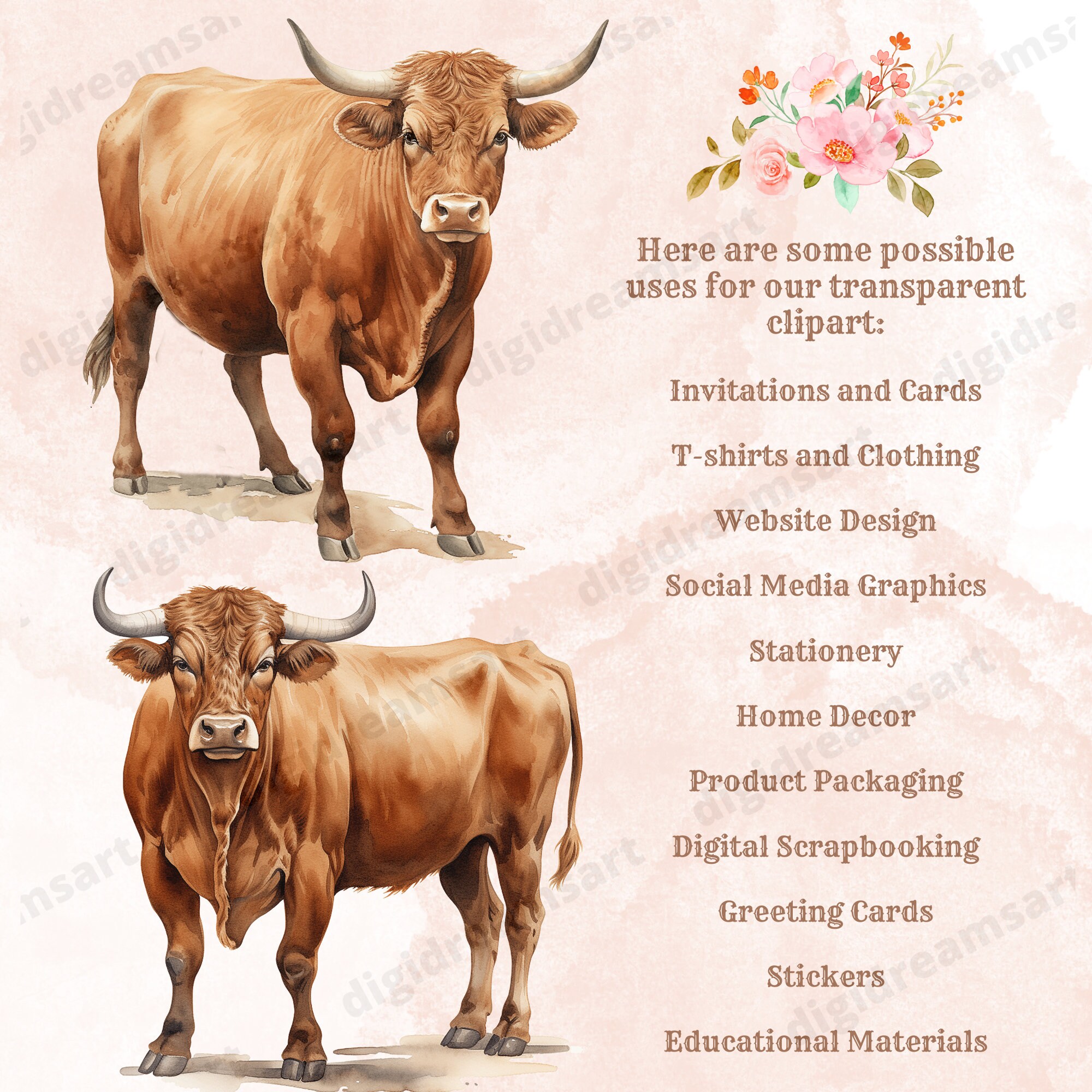 Brown Bull Clipart Bundle Transparent PNG Collection, Digital Prints ...