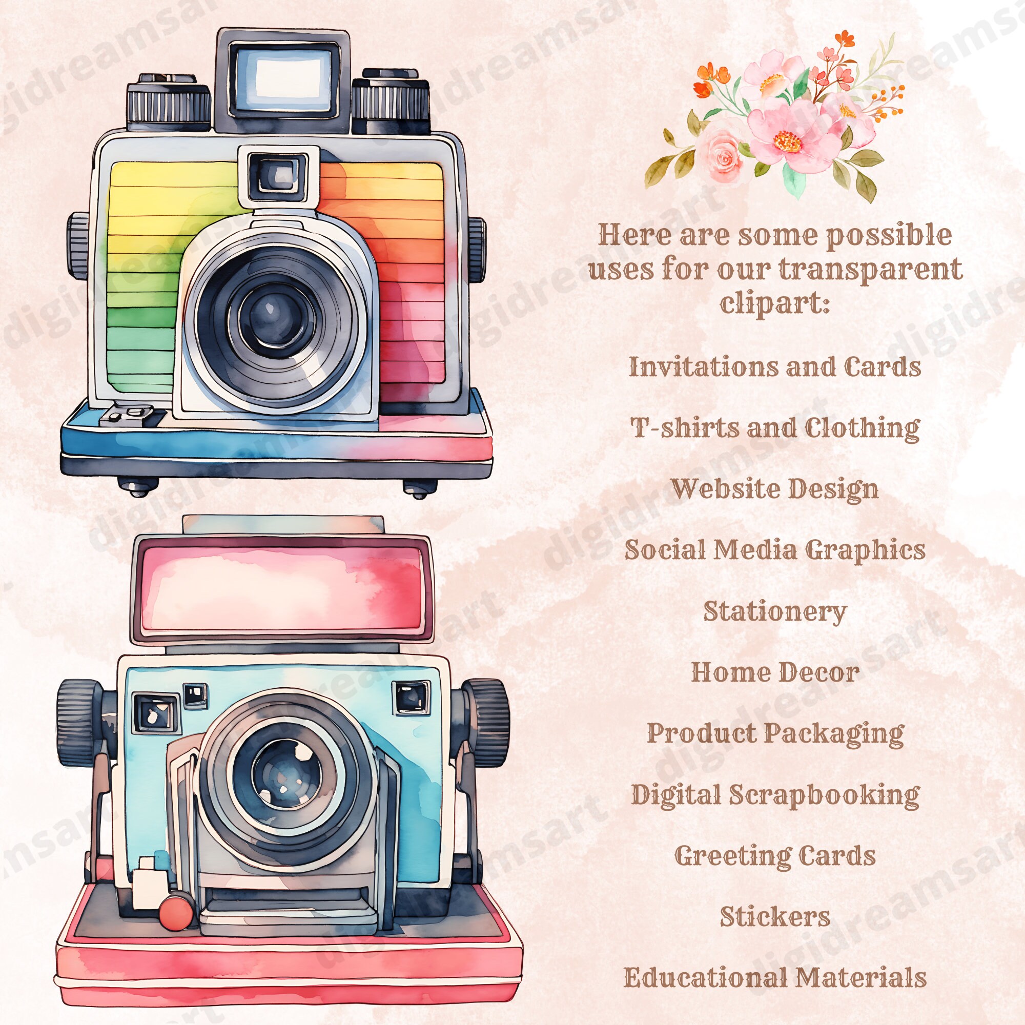Vintage Retro Polaroid Camera Clipart Bundle Transparent PNG - Etsy