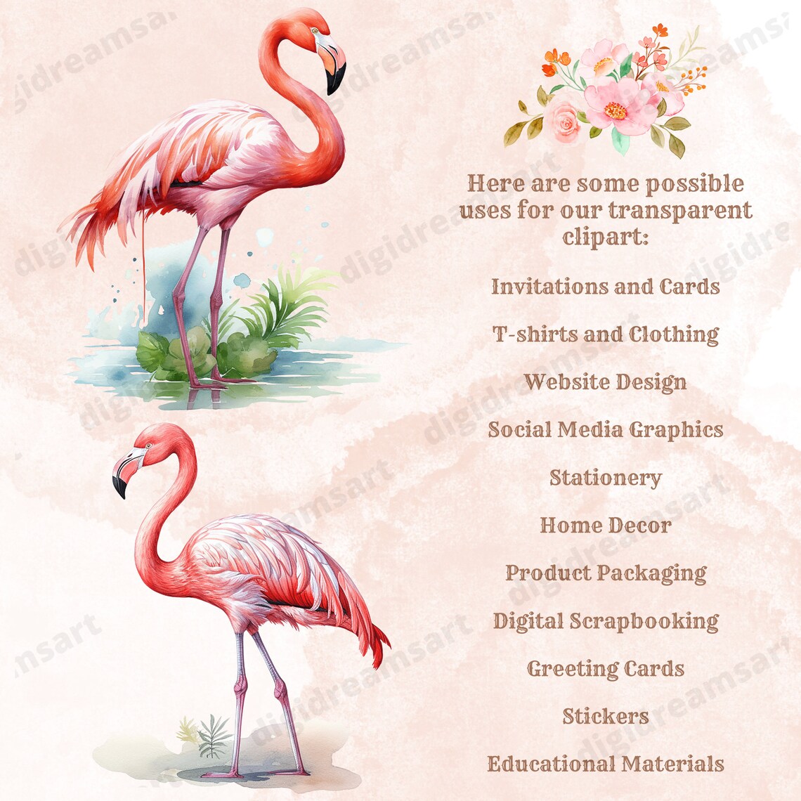 Flamingo Clipart Bundle - Transparent PNG Collection, Watercolor ...