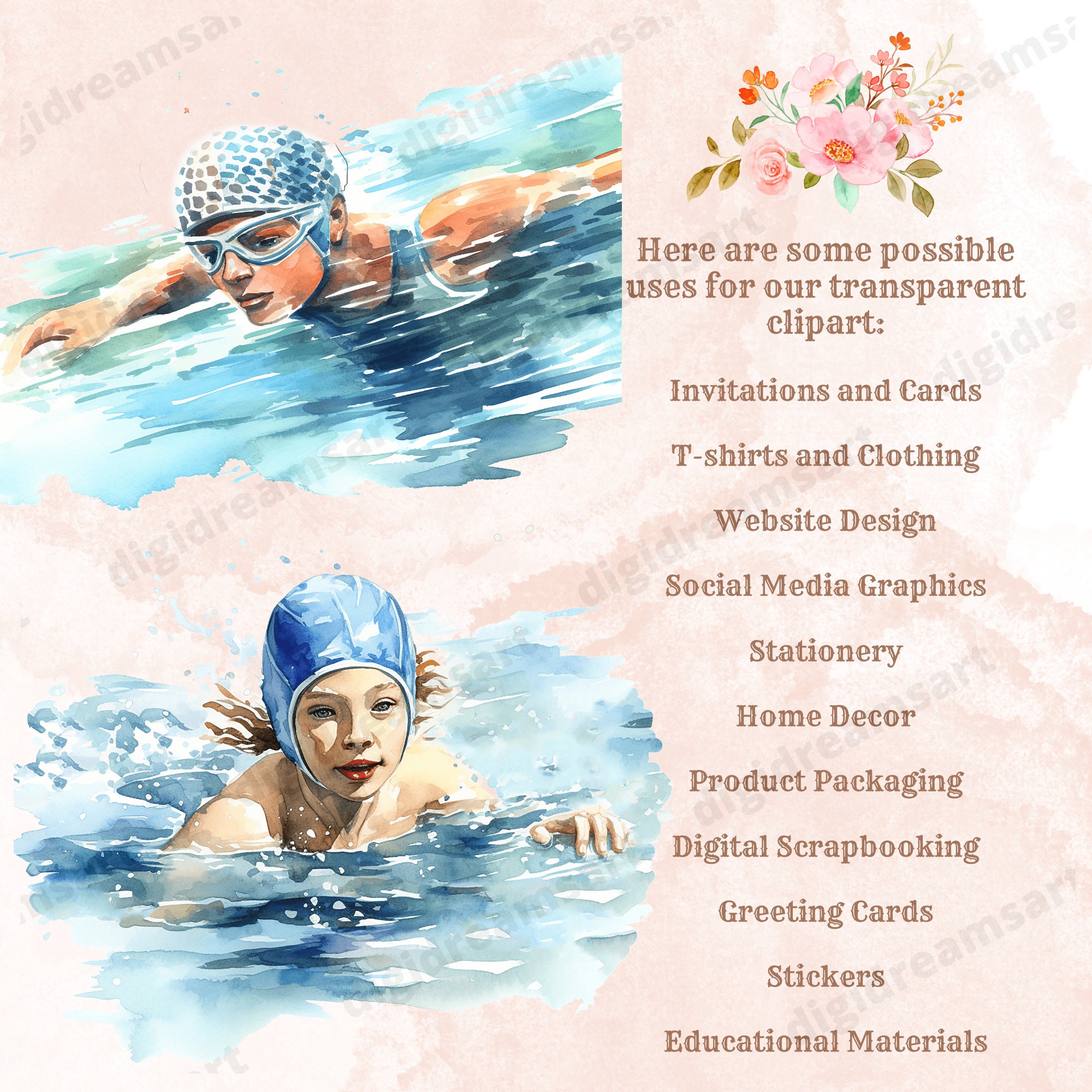Swimming Clipart Bundle - Transparent PNG Collection, Digital Prints ...
