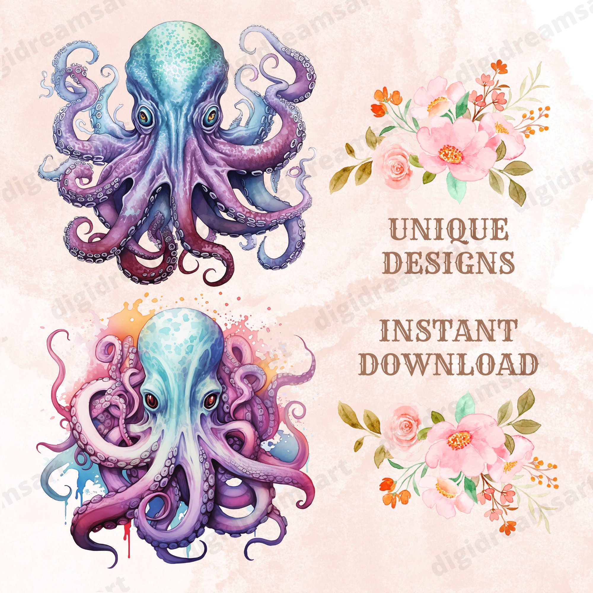 Kraken Design Bundle PNG Transparent Clipart Collection, Watercolor ...