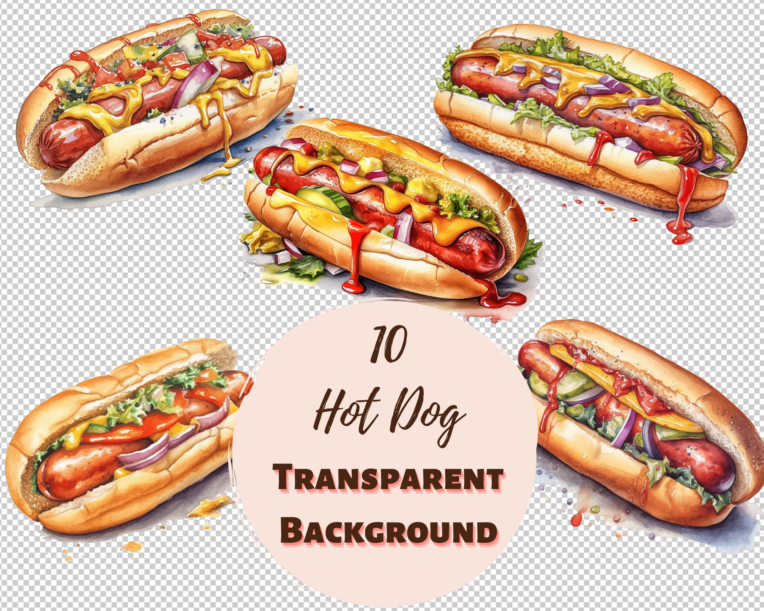 Hot Dog Design Bundle PNG Transparent Clipart Collection, Watercolor ...