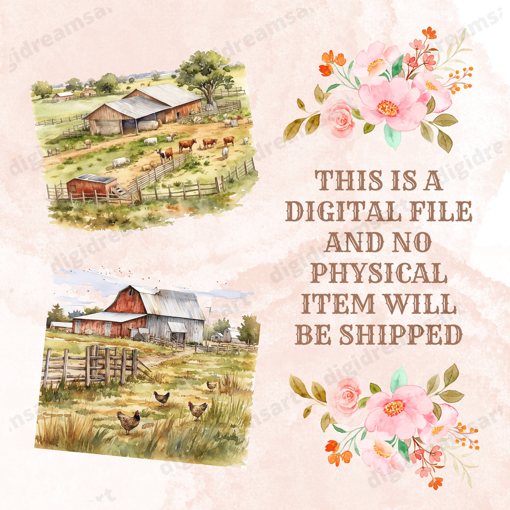 Farm Landscape Clipart Bundle Transparent PNG Collection, Watercolor ...