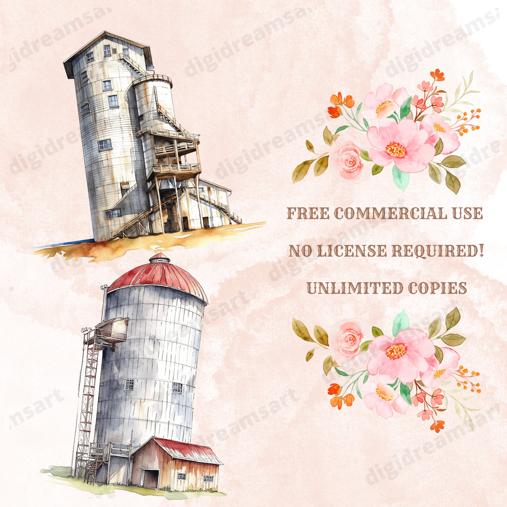 Farm Silo Clipart Bundle - Transparent PNG Collection, Watercolor ...
