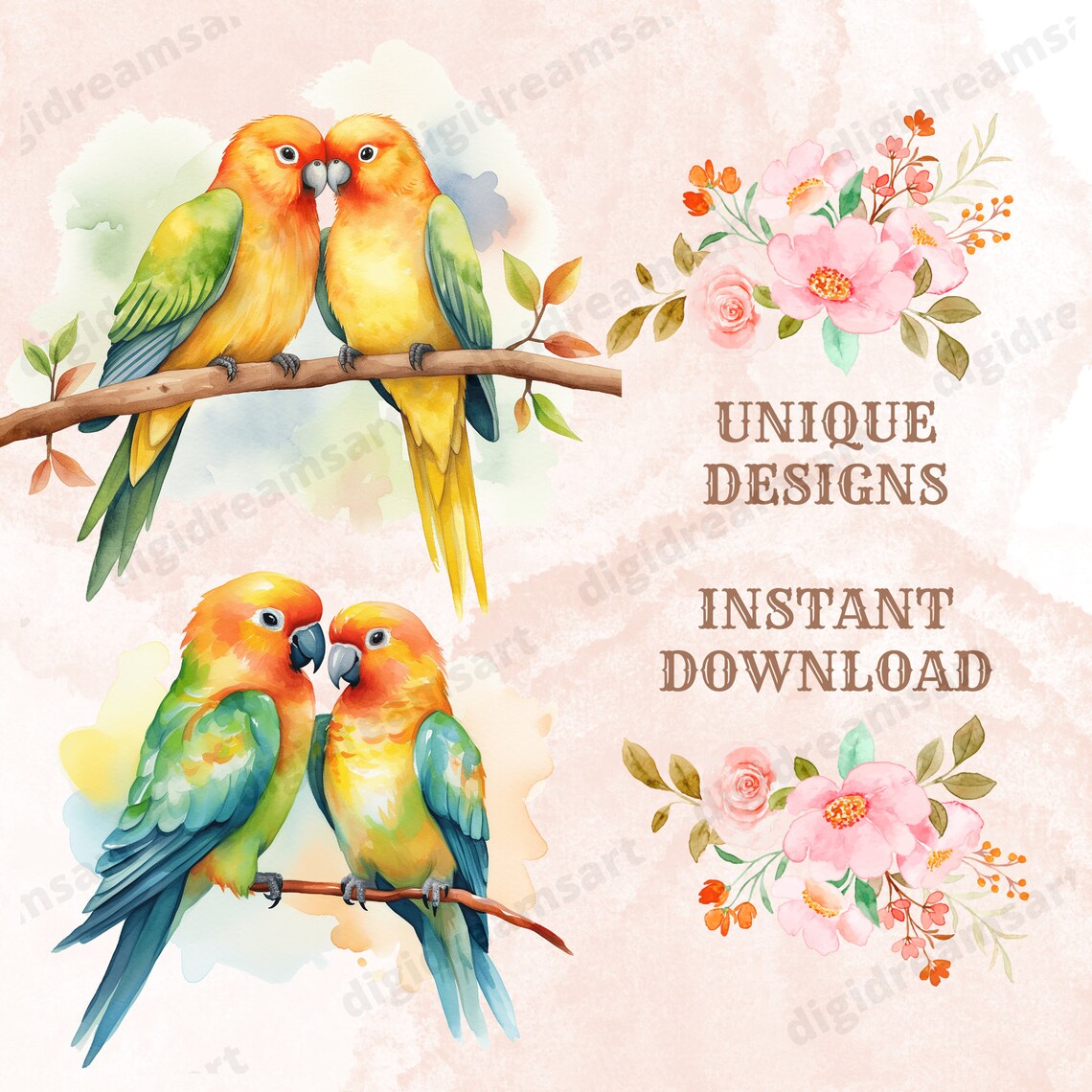 Lovebird Clipart Bundle - Transparent PNG Collection, Watercolor ...