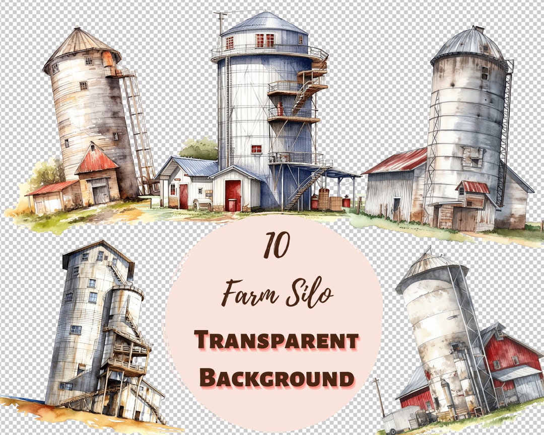Farm Silo Clipart Bundle - Transparent PNG Collection, Watercolor ...