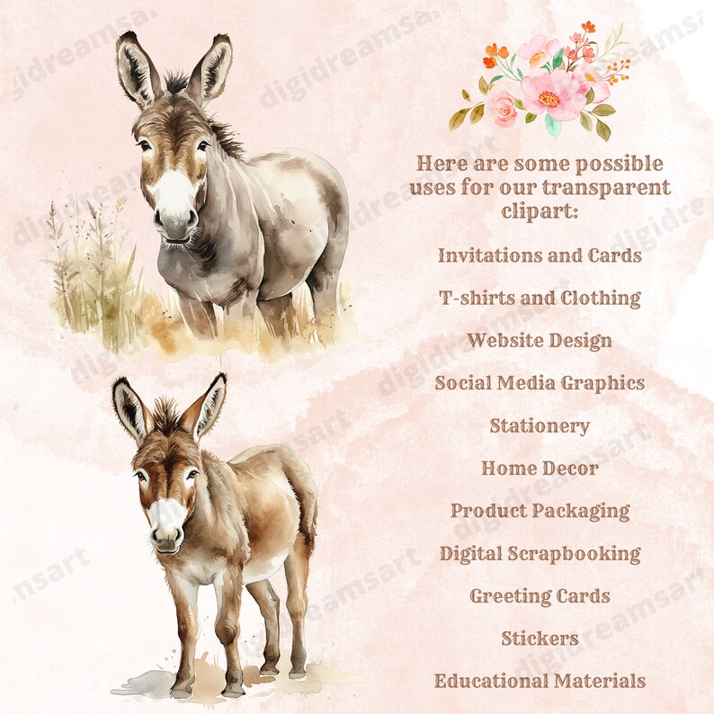 Farm Donkey Clipart Bundle Transparent PNG Collection, Digital Prints ...