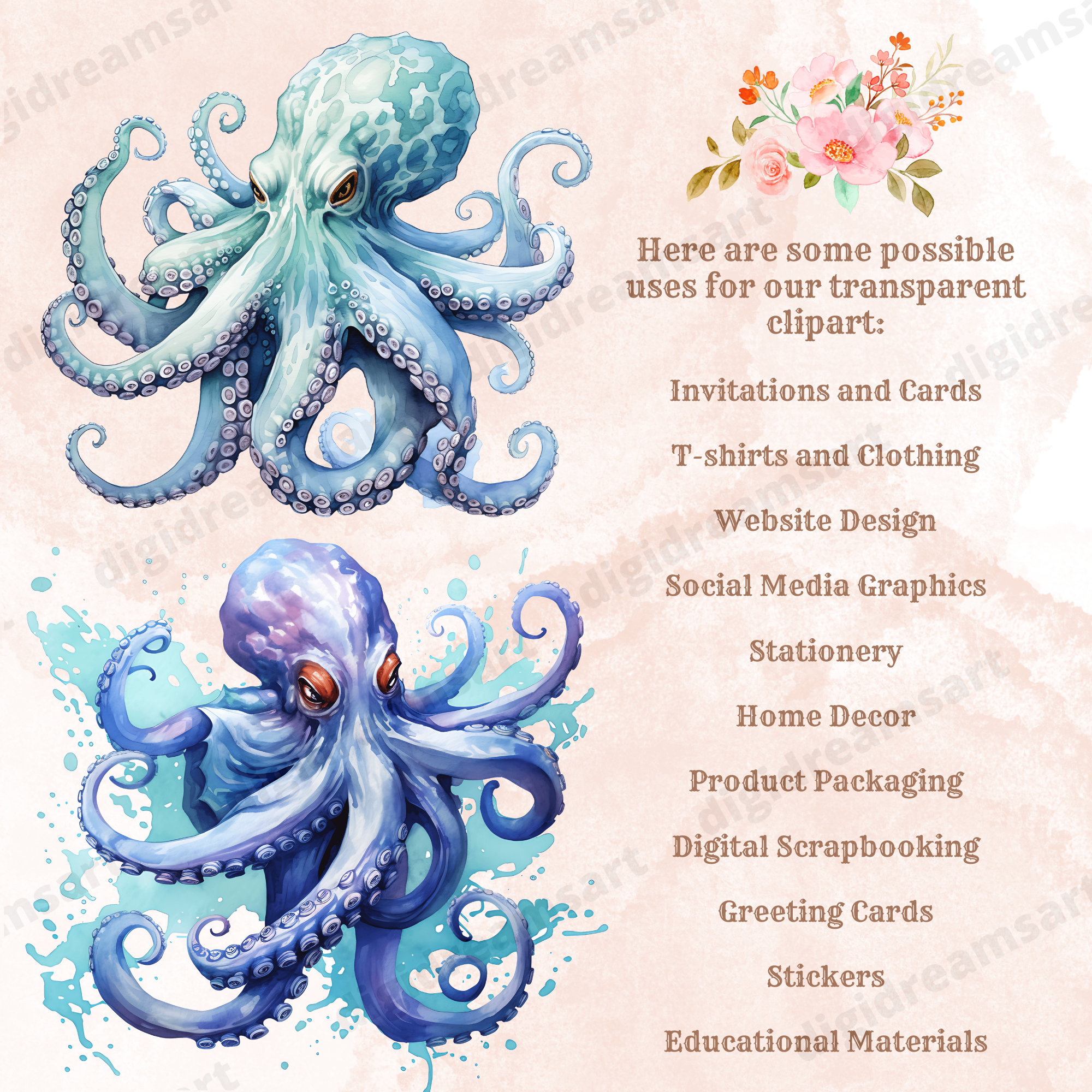 Kraken Design Bundle PNG Transparent Clipart Collection, Watercolor ...